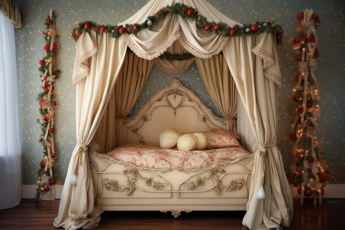 Christmas Digital Backdrop Ivory Canopy Bed Digital Backdrop Christmas ...