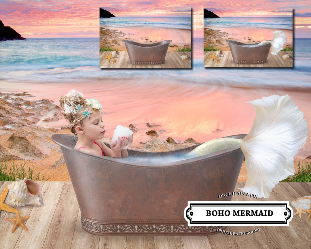 BOHO Bathtub Mermaid Digital Backdrop Window Mermaid Tail Digital ...