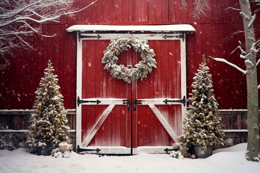 Christmas Backdrop Painterly Red Barn Holiday Door Digital Backdrop, Family Photo Card Composite ...