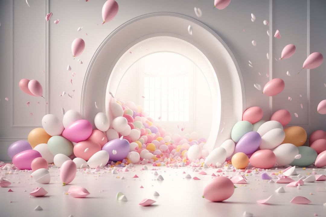 White Window Easter Balloon Arch Digital Backdrop, Candy Birthday ...
