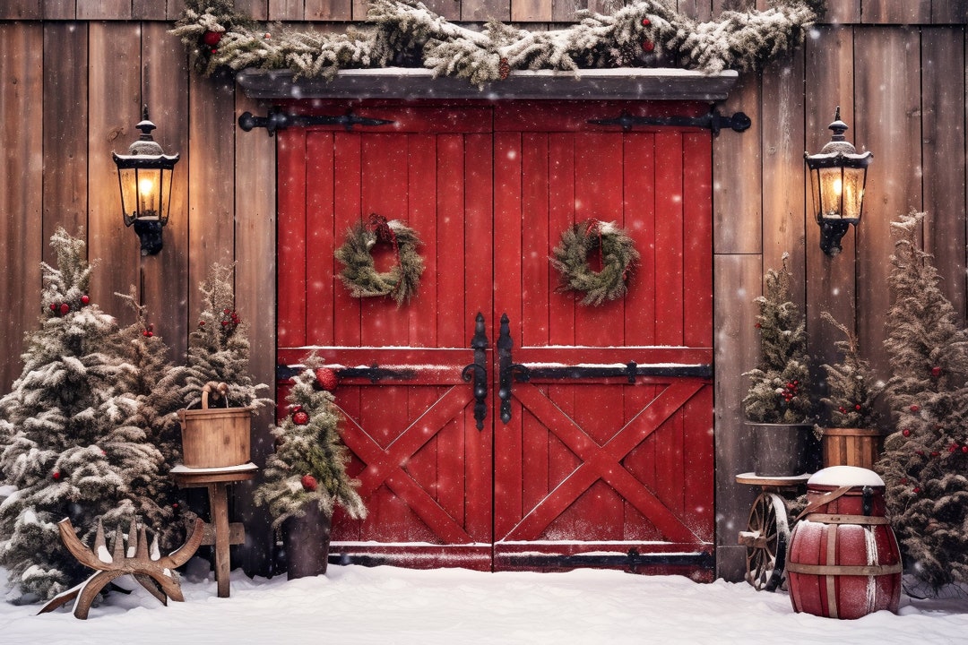 Christmas Backdrop Red Barn Double Doors Digital Backdrop Family Photo Card Composite Photoshop ...