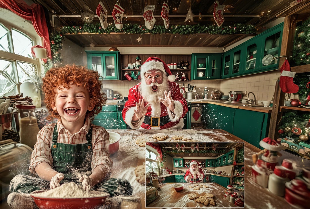 Christmas Digital Backdrop, Messy Santa Kitchen Holiday Background ...