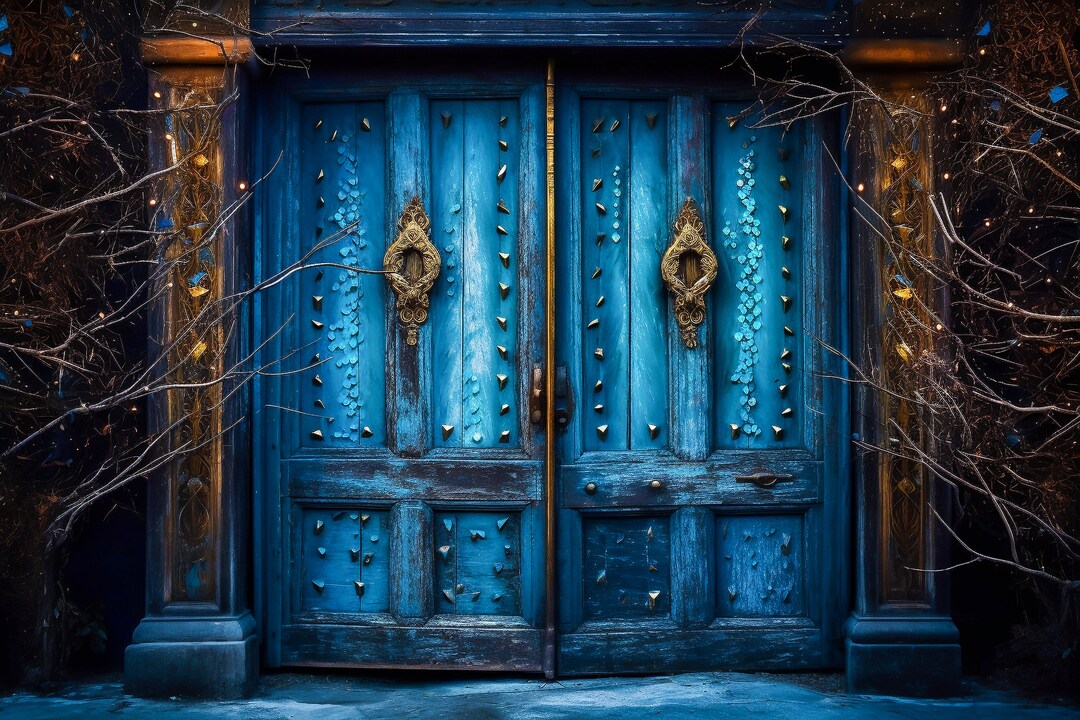 Christmas Backdrop Holiday Dark Blue Doors Digital Backdrops Photo Card ...