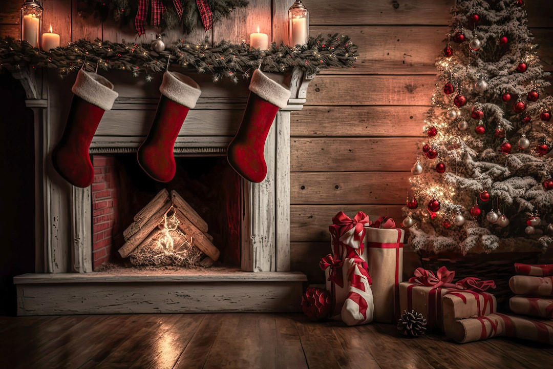 Christmas Digital Backdrop Christmas Room Stockings Background Digital ...