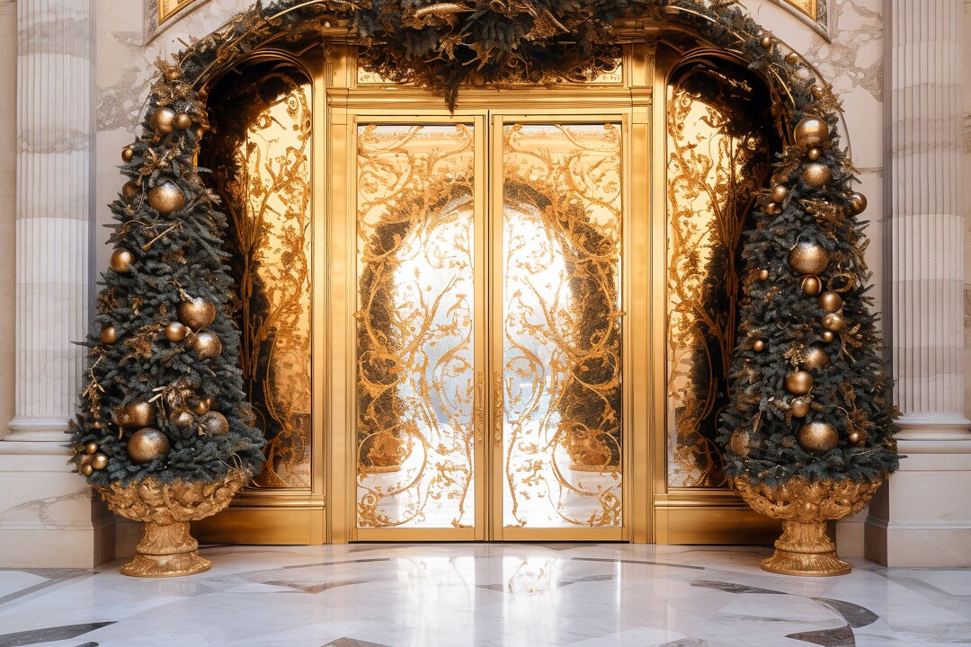 Christmas Backdrop Fancy Gold Arch Doors Digital Backdrop, Family Photo ...