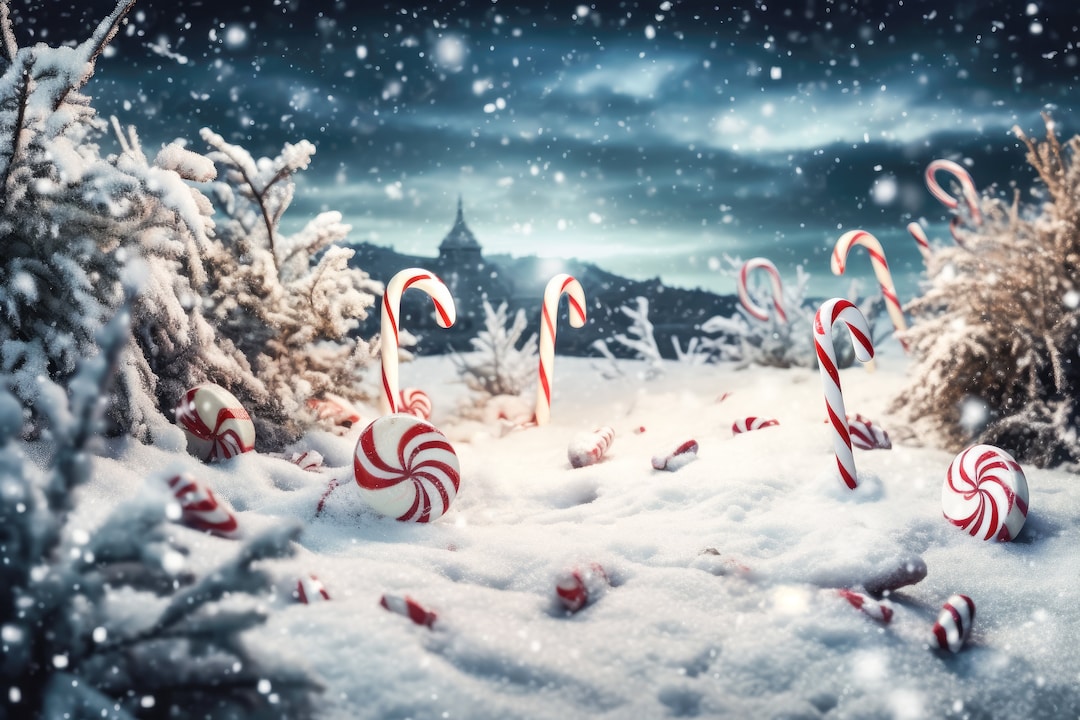 Christmas Digital Backdrop Snowy Peppermint Forest Path Winter Digital ...