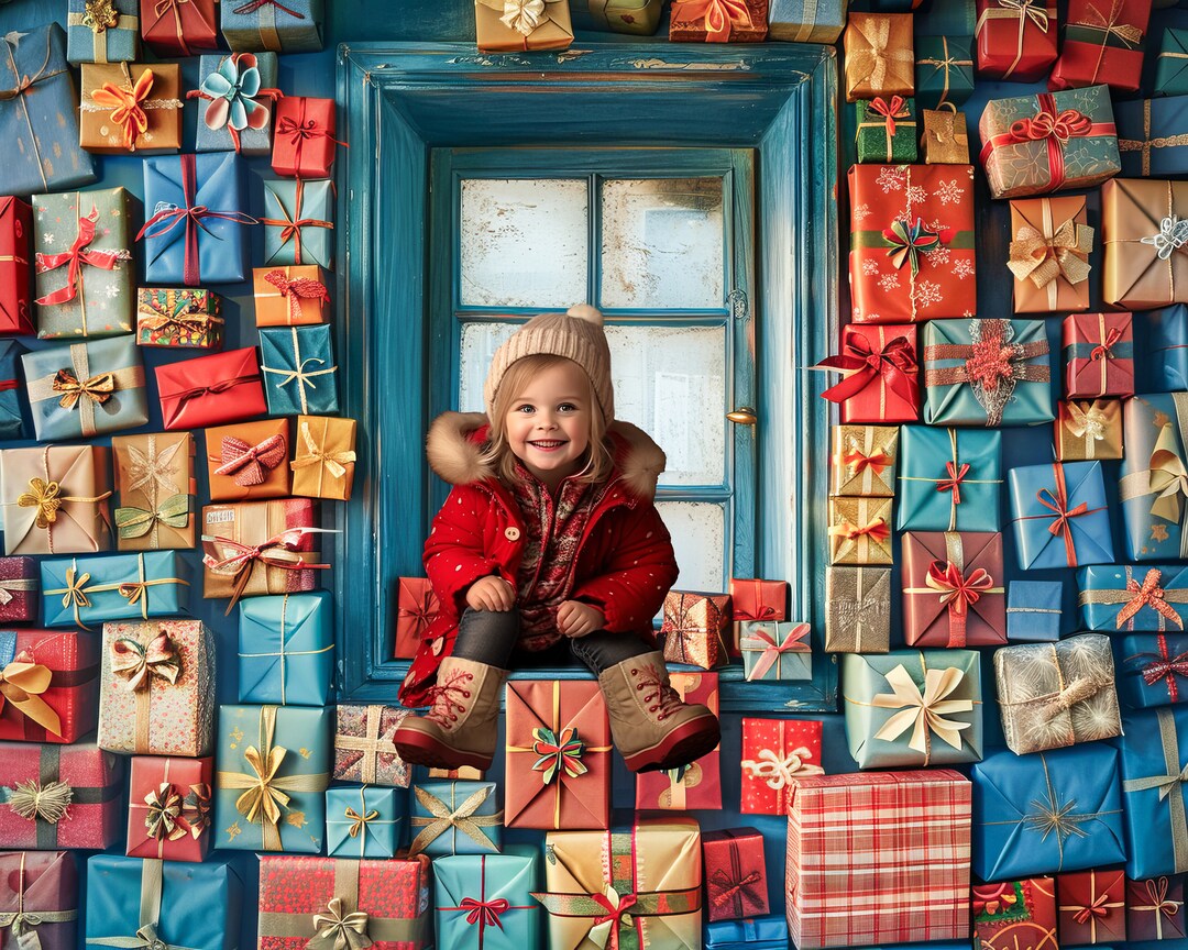 Digital Christmas Backdrop Vintage Wall of Presents Window Background ...