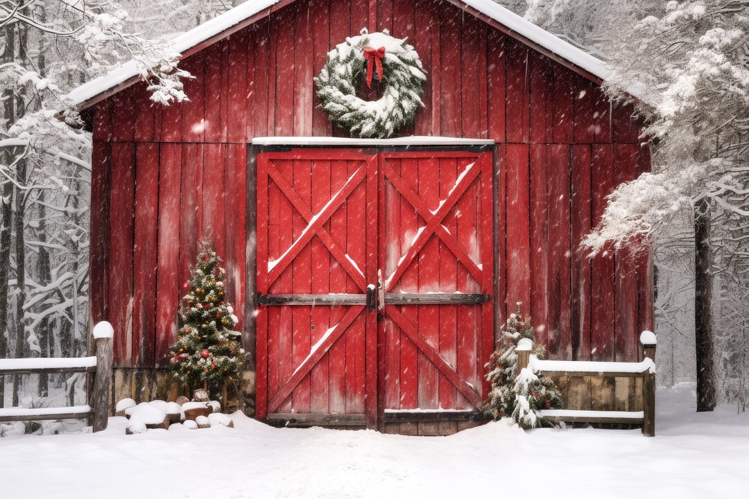 Christmas Backdrop Painterly Red Barn W Snow Doors Digital Backdrop ...