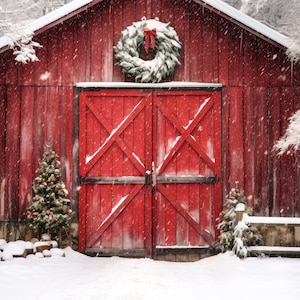 Christmas Backdrop Painterly Red Barn W Snow Doors Digital Backdrop ...