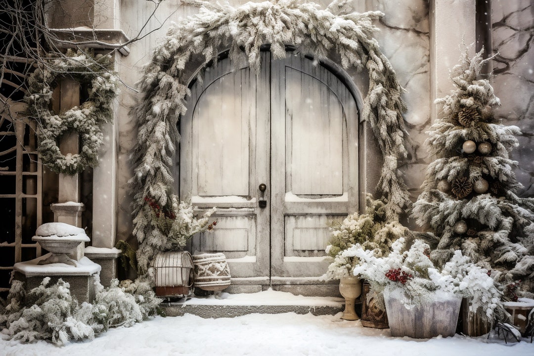 Christmas Backdrop Snowy Door ARCH Digital Backdrop, Family Photo Card ...