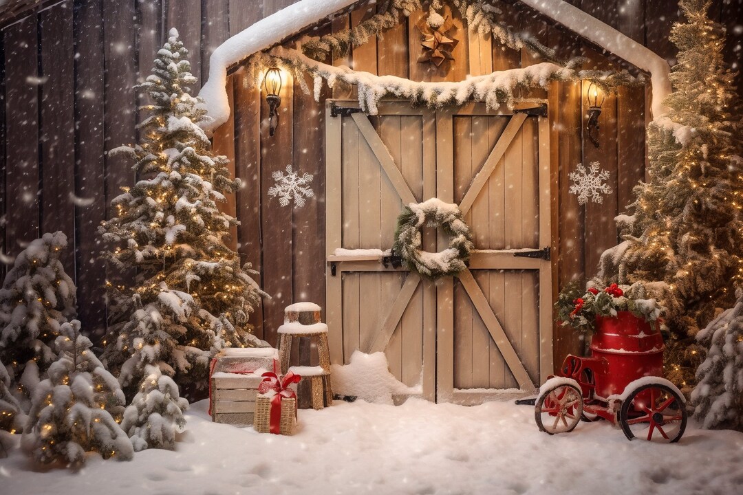 Christmas Backdrop Family Barn Doors Holiday Scene Digital Backdrop, Photo Card Composite ...