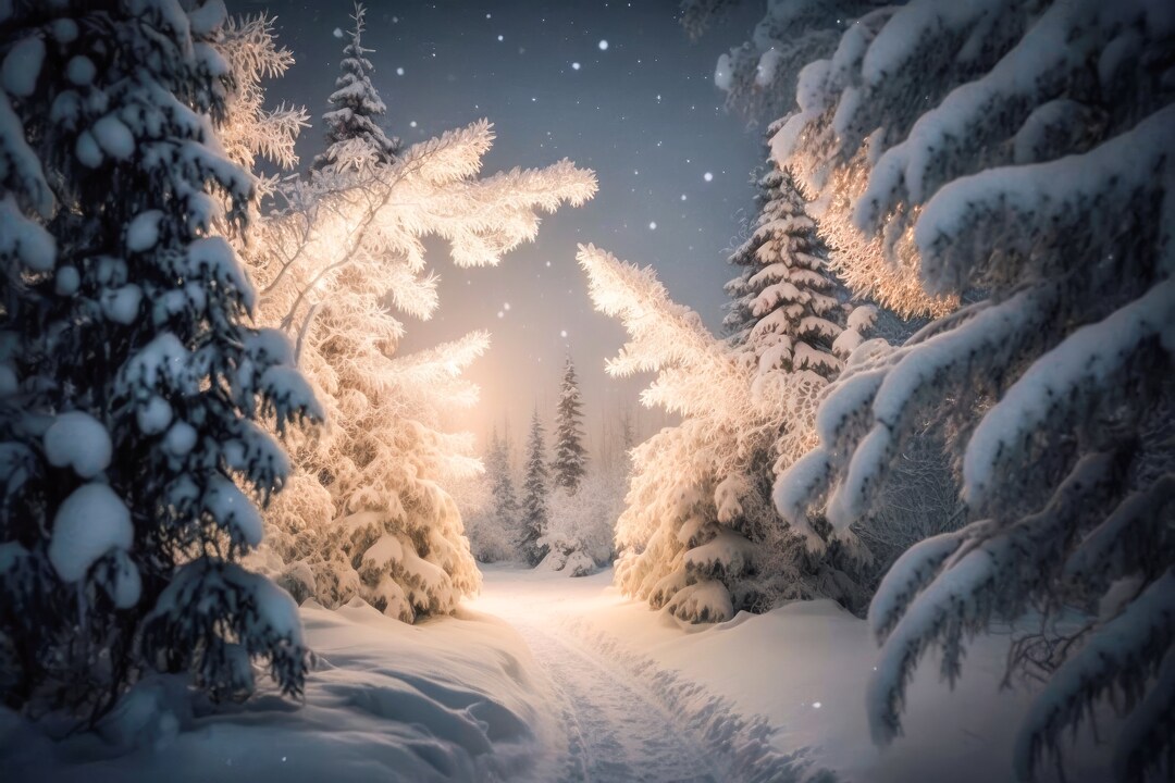 Digital Backdrop, Night Snowy Trees Digital Background Christmas ...