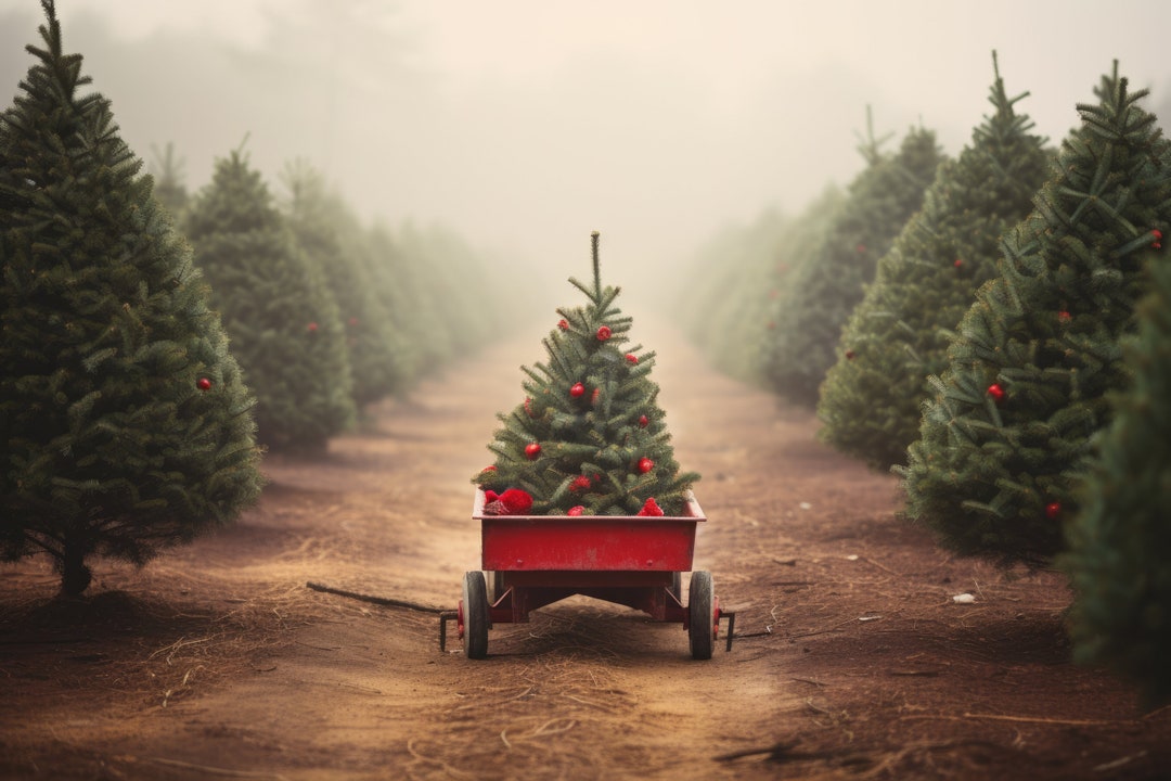 Digital Backdrop Tiny Christmas Tree Farm Background Red Wagon Backdrop ...