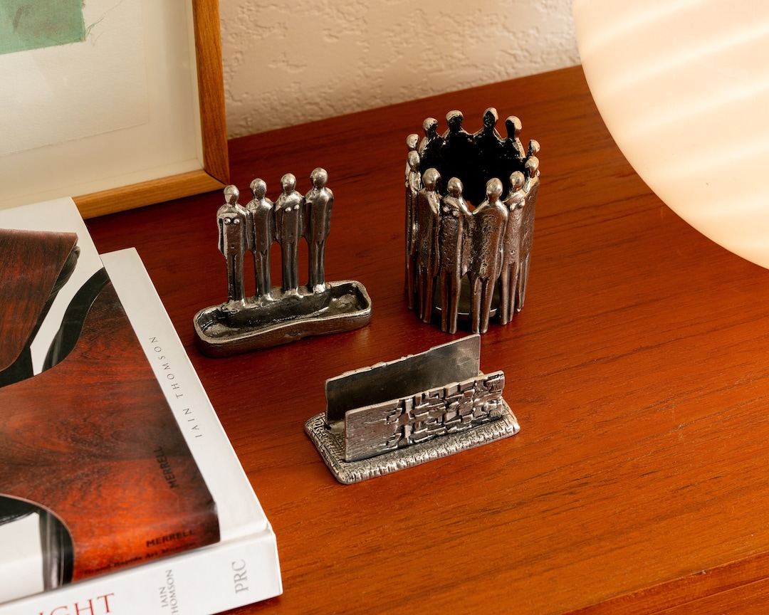 Patrick Meyer Brutalist Pewter Objects - Card Holders and Pencil Cup ...