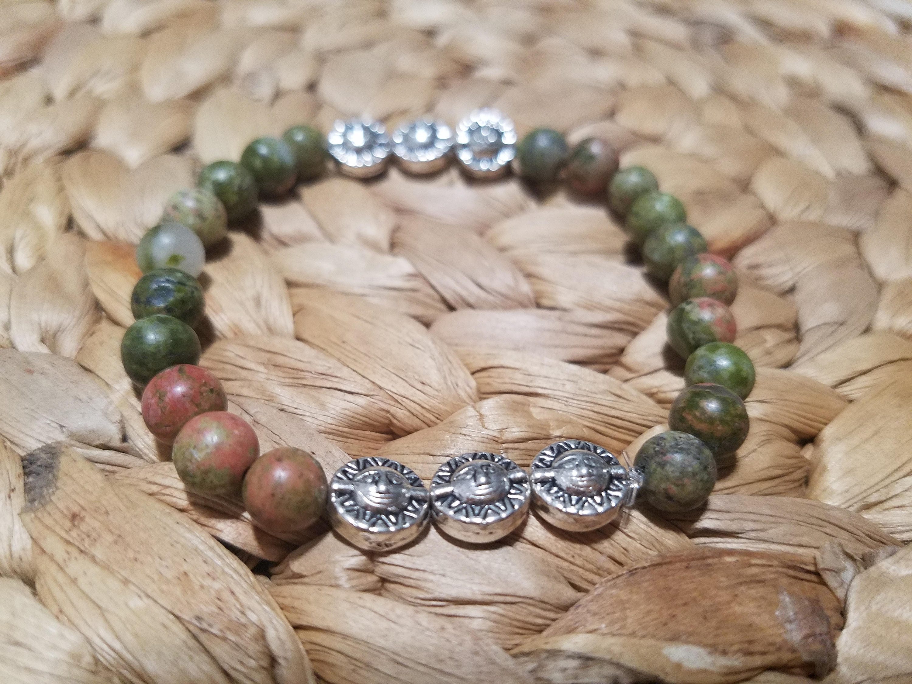 Green Unakite Stone Spacer With 6 Silver Plated Metal Sun - Etsy