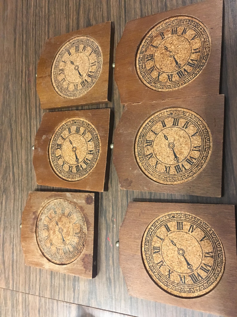 Vintage Wooden Clock Themed Coasters and Holder - Rare Vintage Wooden ...