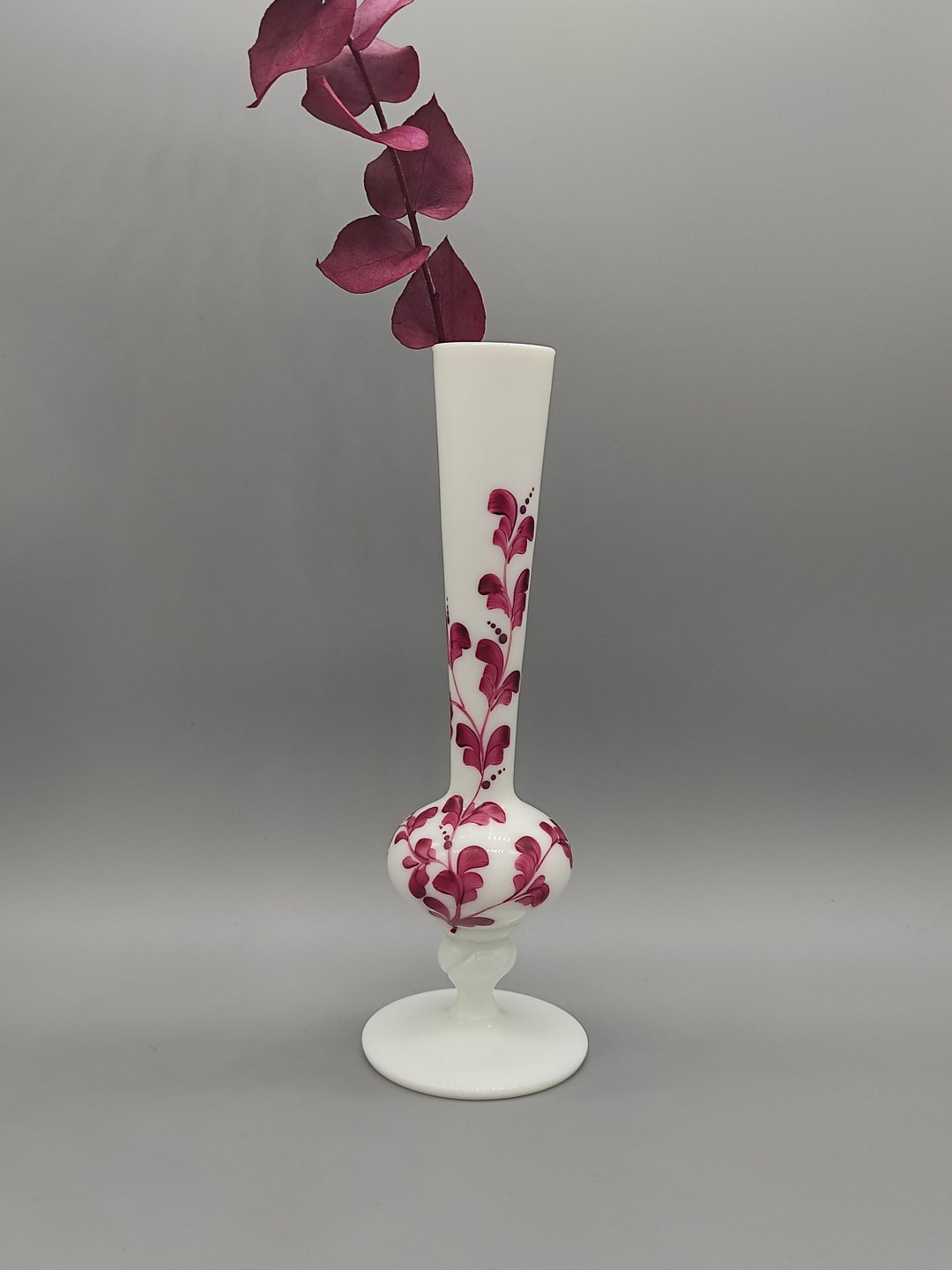 Vintage White Opaline Vase With Painted Flowers - Etsy