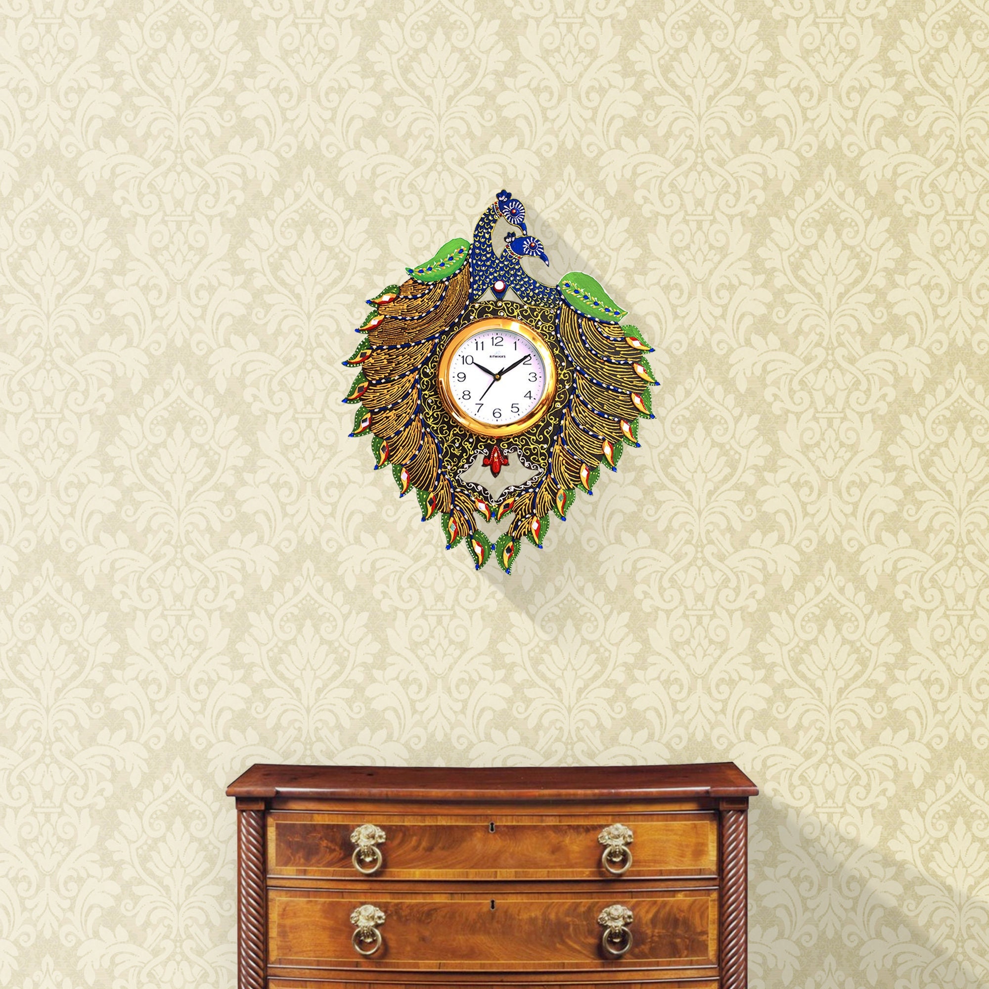 Handicraft Wall Clock, Traditional Rajasthani Motif Work, Peacock ...