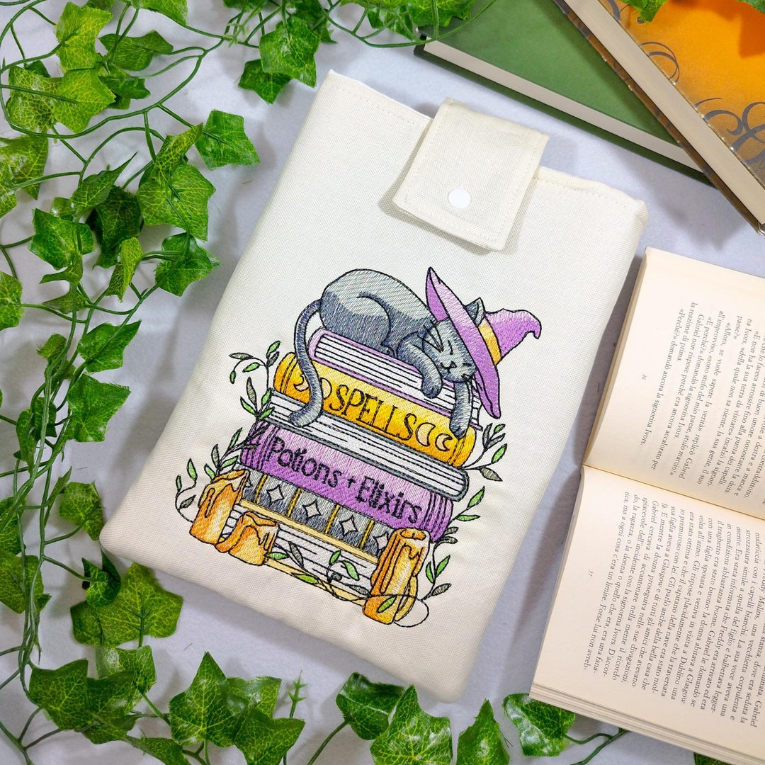 Book Sleeve Embroidered Book Protector Cat on Books Witch. Case for ...