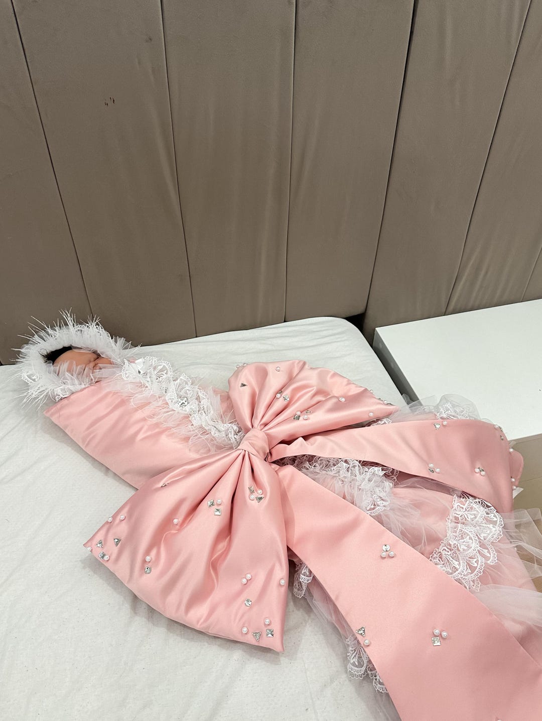 Adorable Pink Satin Cocoon & Bonnet Set With Tulle, Lace, Feathers ...