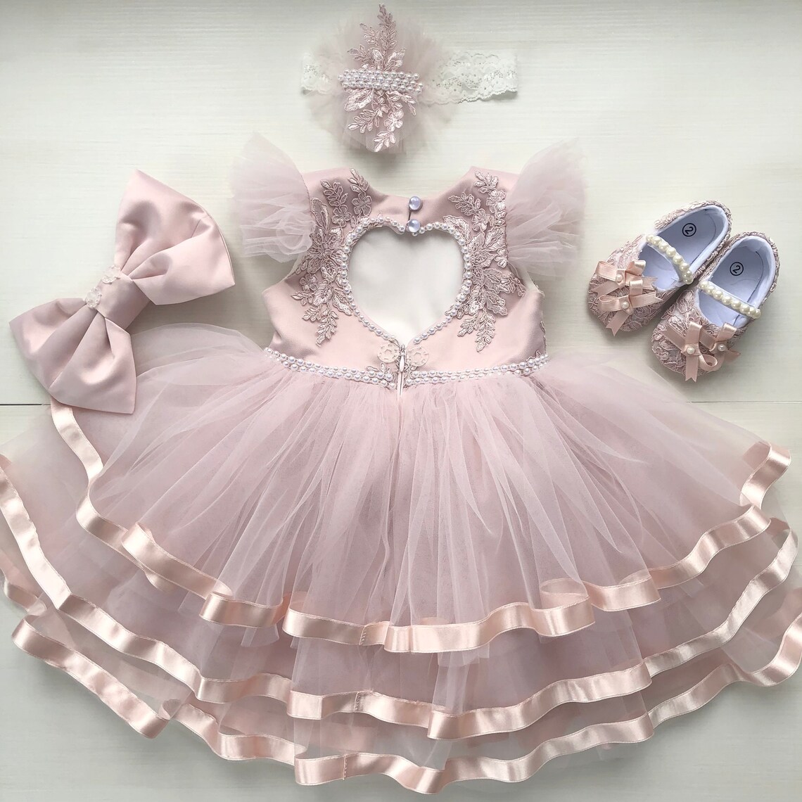Blush Pink Dress With Lace Pearls and Ribbon. Dress With - Etsy