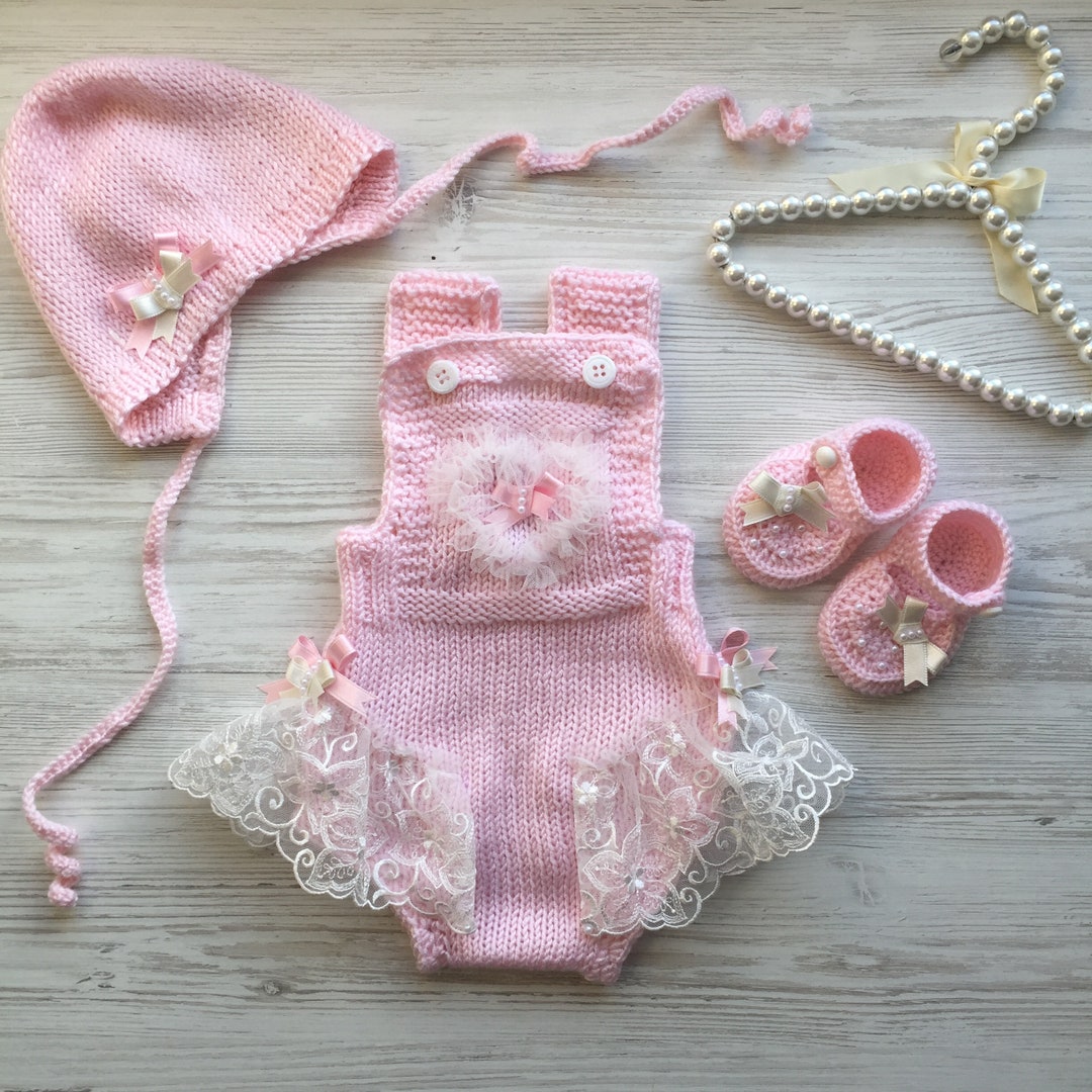Adorable Hand Knit Pink Baby Girl Outfit Set With Ivory Lace - Romper ...