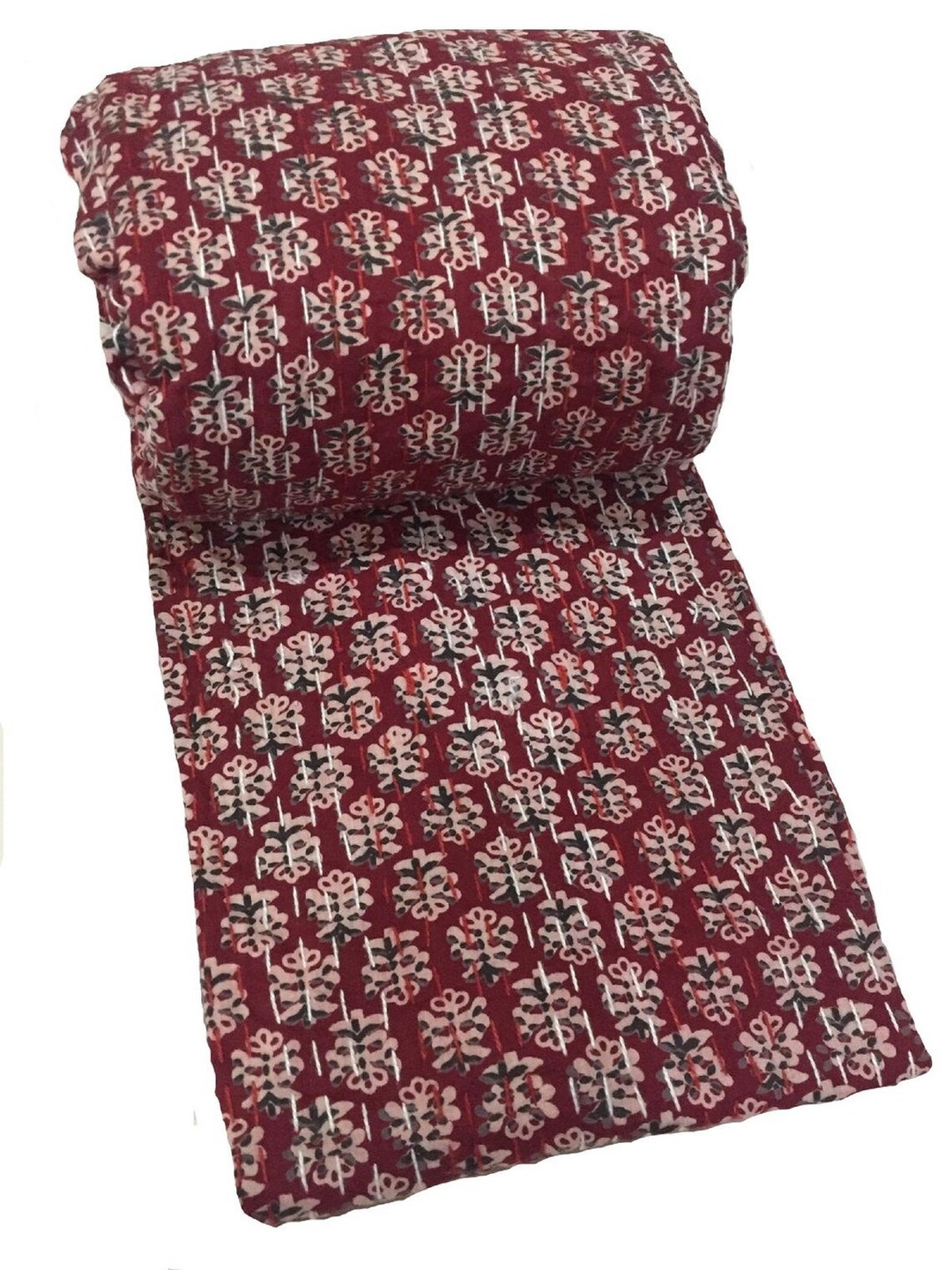 Red Ajrakh Patchwork Kantha Quilt Handmade Kantha Quilt Natural Color ...