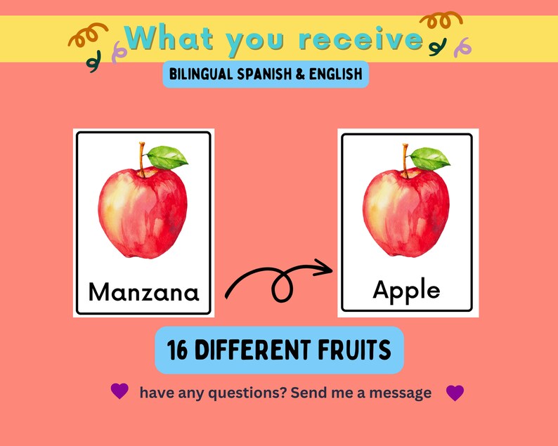 Bilingual Fruits Flashcards for Kids Learn Spanish Montessori Cards for ...