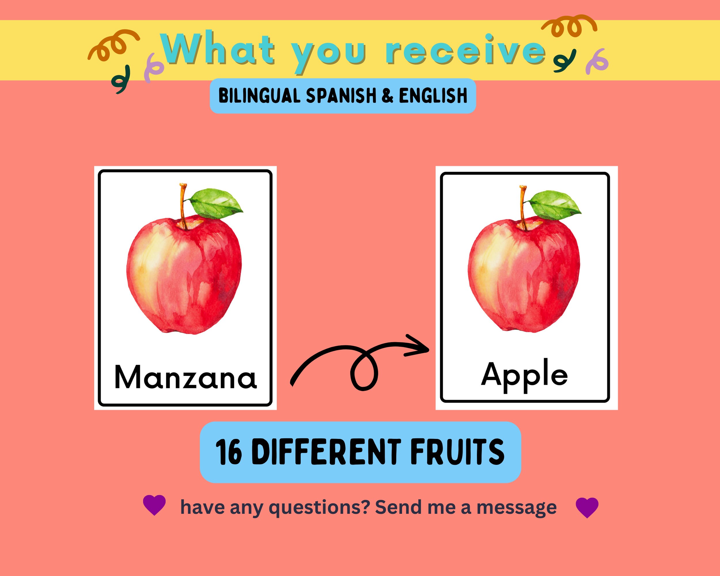 Bilingual Fruits Flashcards for Kids Learn Spanish Montessori Cards for ...