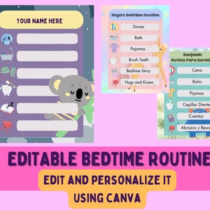 EDITABLE Kids Bedtime Routine in Spanish and English Bilingual Bedtime ...