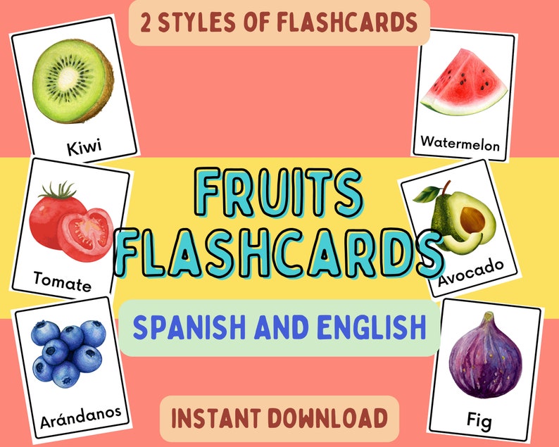 Bilingual Fruits Flashcards for Kids Learn Spanish Montessori Cards for ...