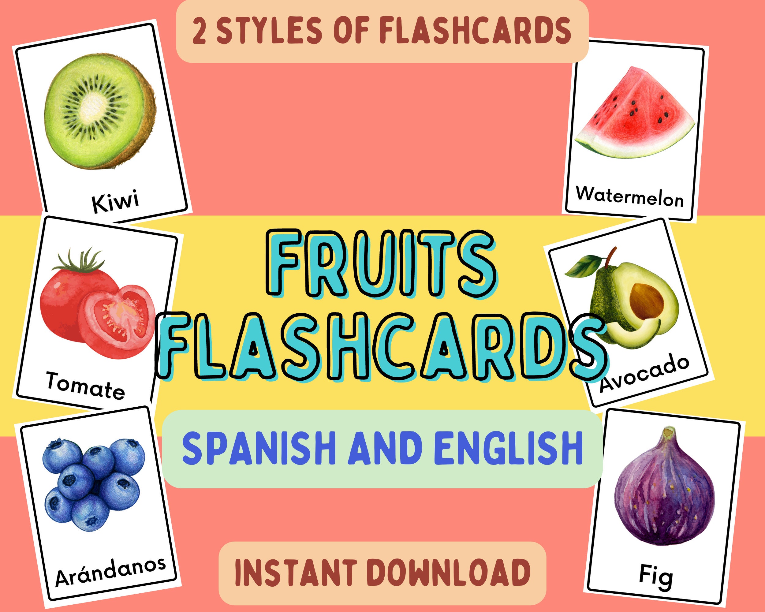 Bilingual Fruits Flashcards for Kids Learn Spanish Montessori Cards for ...