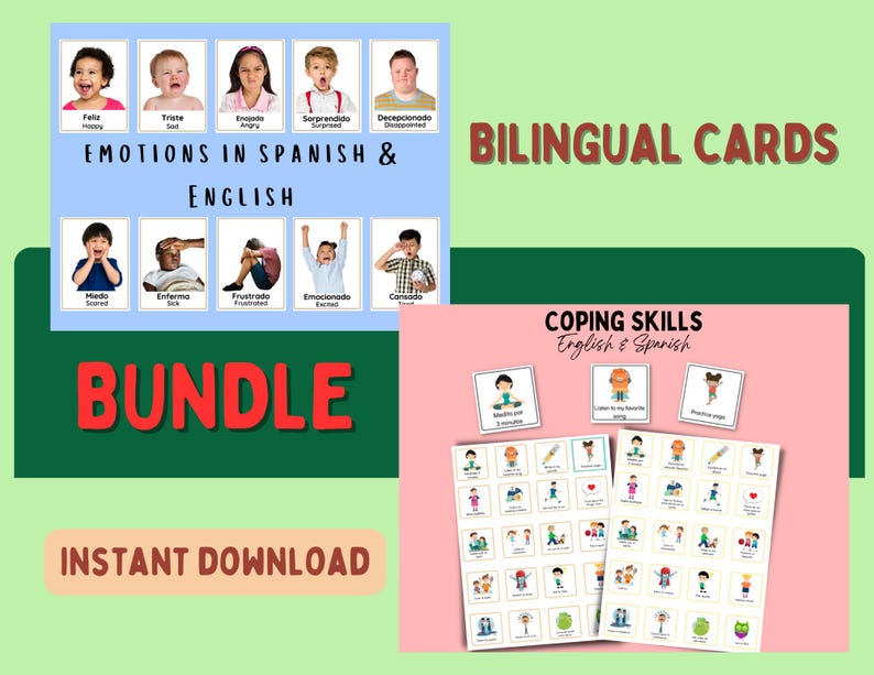 BUNDLE Coping Skills in English and Spanish for Kids and Emotions Cards ...