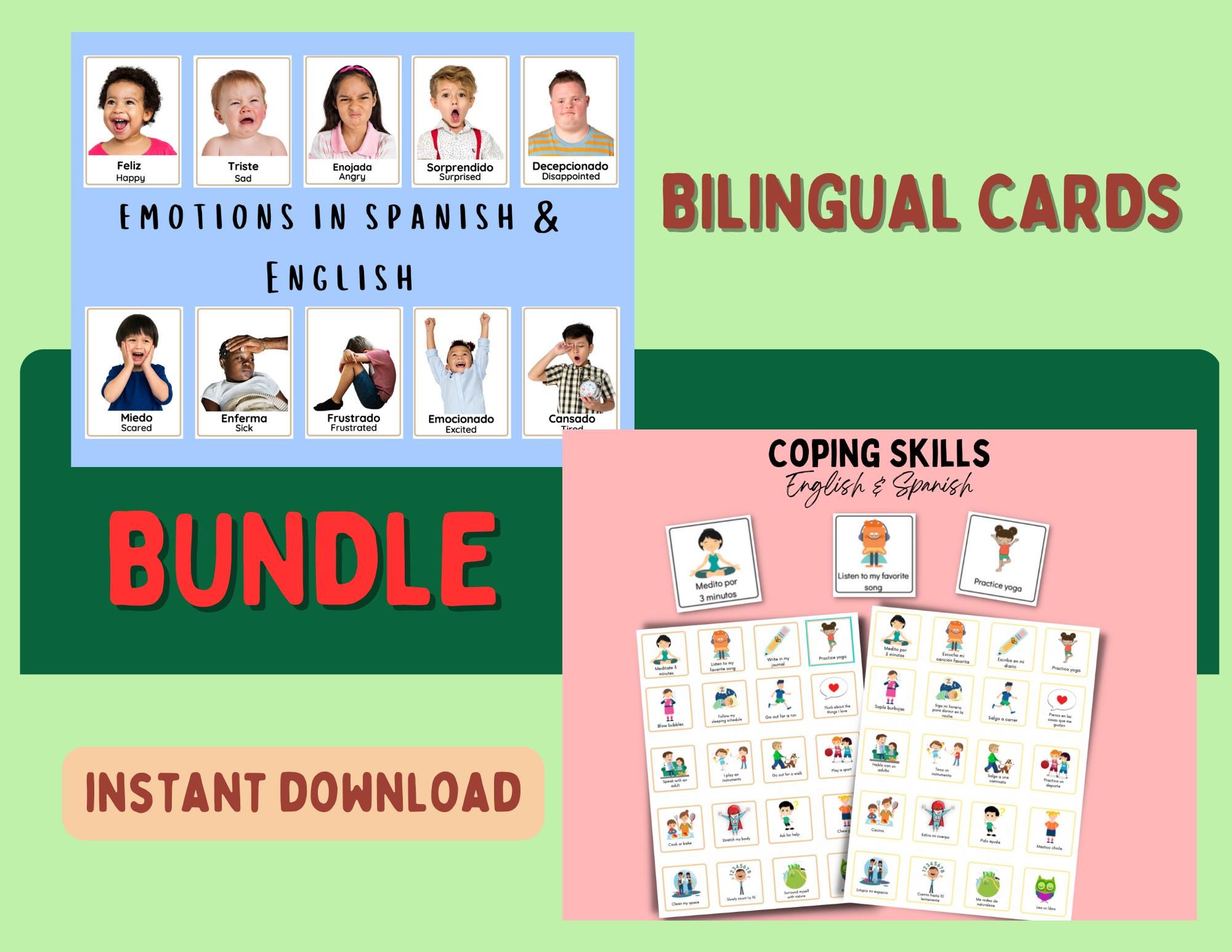 BUNDLE Coping Skills in English and Spanish for Kids and Emotions Cards ...