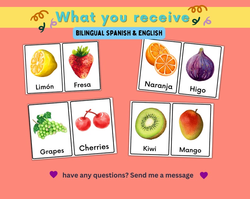 Bilingual Fruits Flashcards for Kids Learn Spanish Montessori Cards for ...