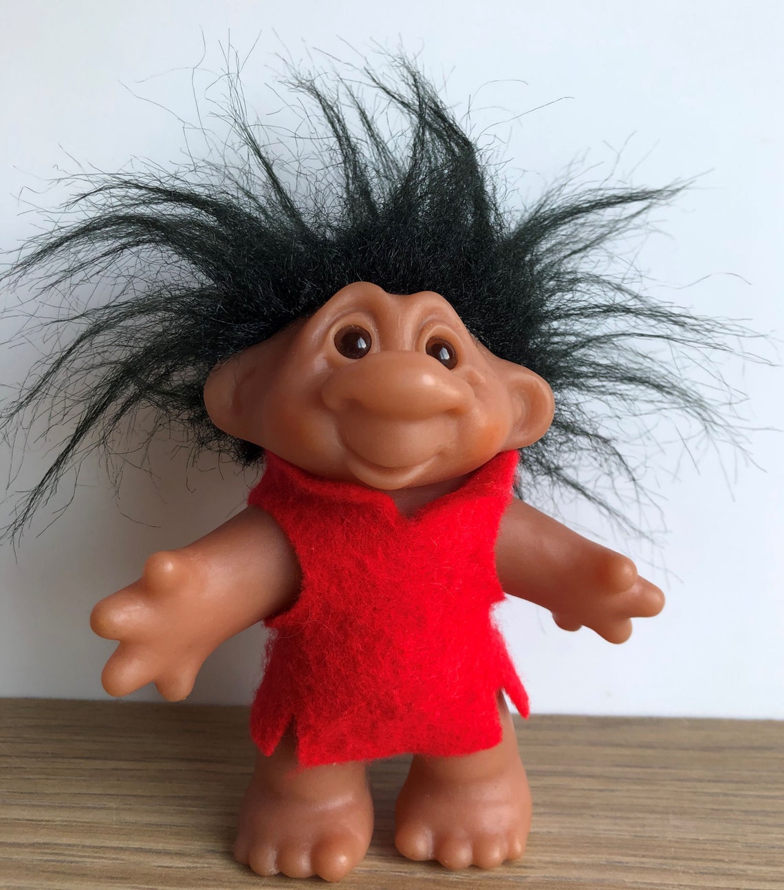 Vintage Troll Doll With Black Hair Wearing A Red Outfit Dam Etsy