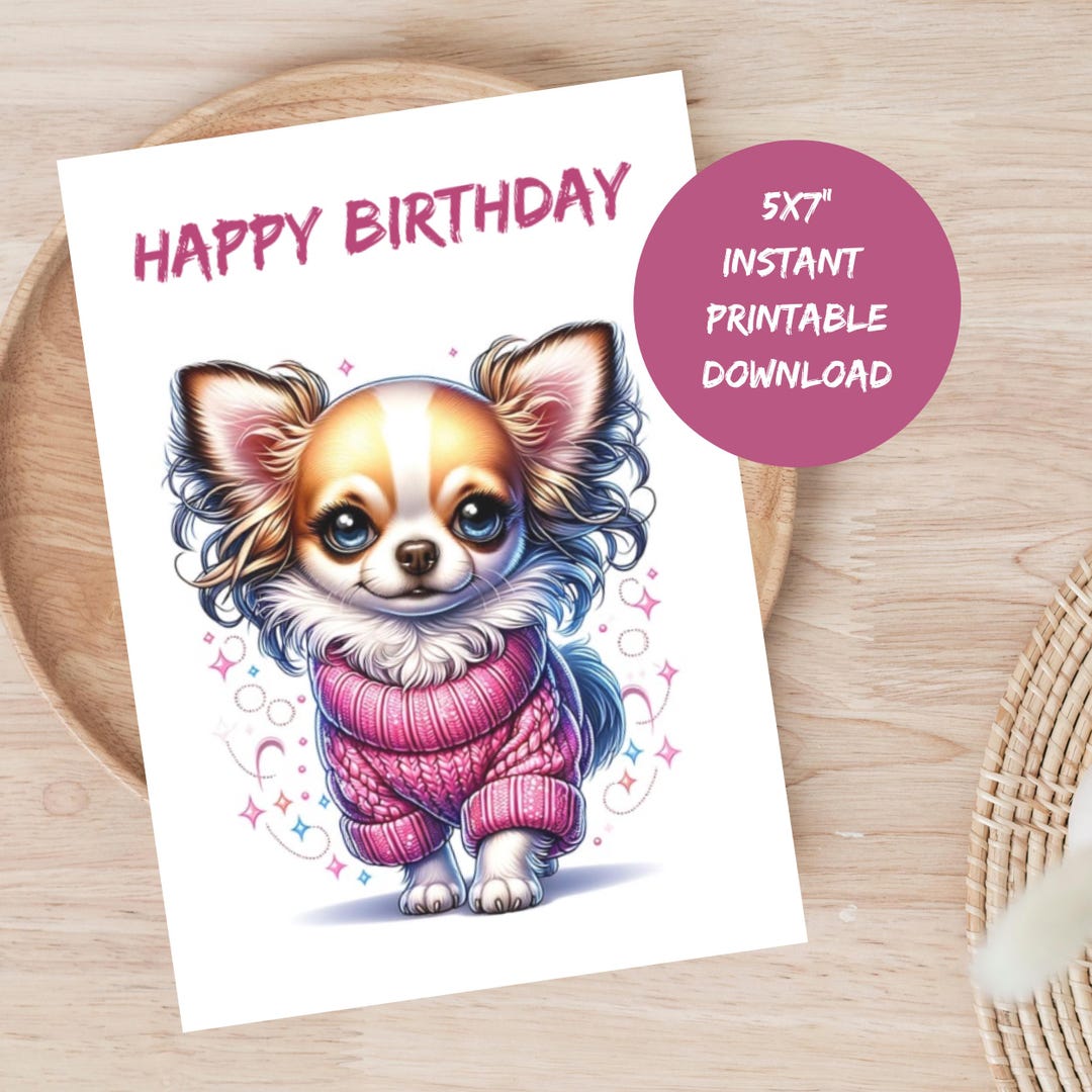 Young Girl Chihuahua Printable Birthday Card Glamorous Chihuahua Card ...
