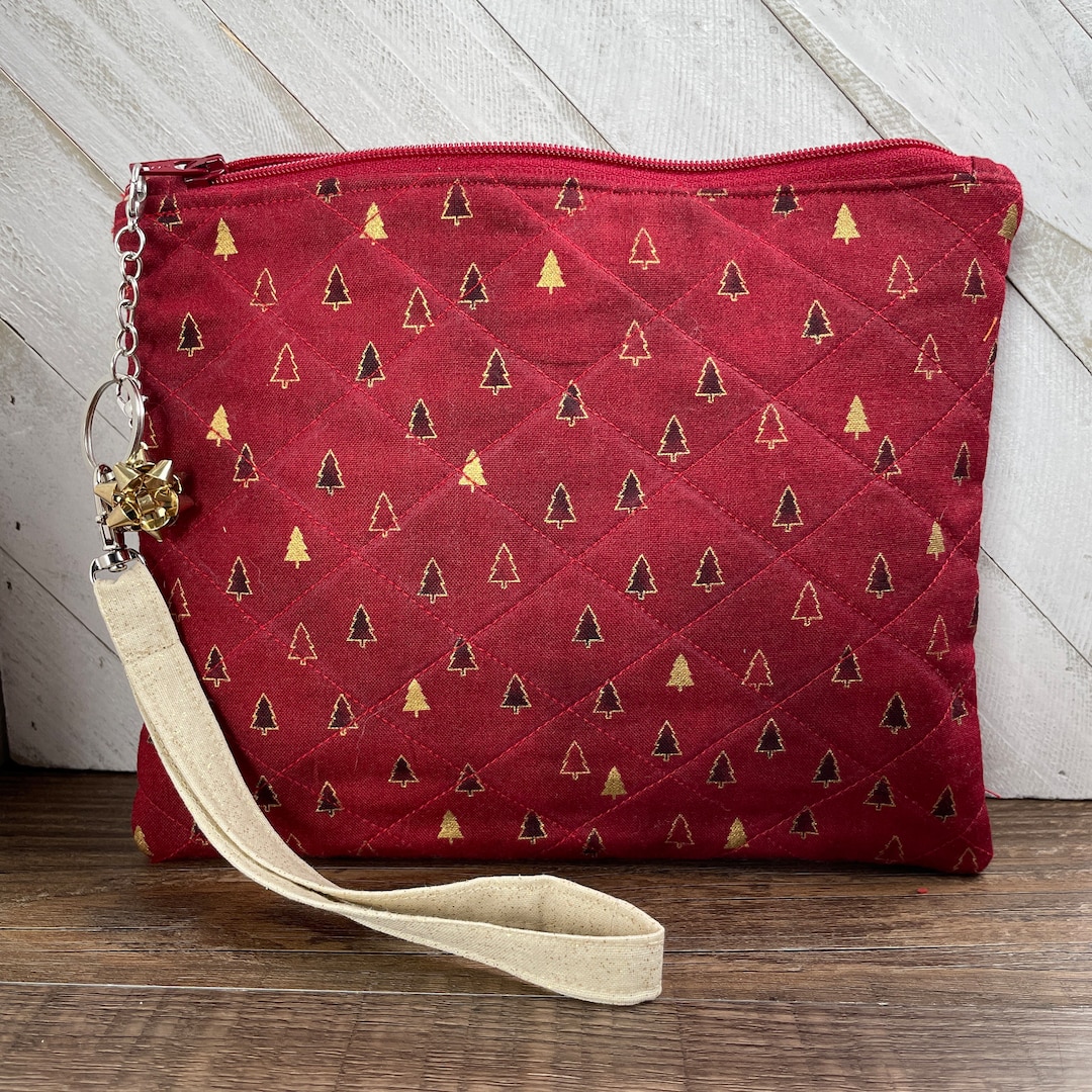 Christmas Zipper Pouch, Holiday Makeup Bag, Quilted Wristlet Bag, Gold ...