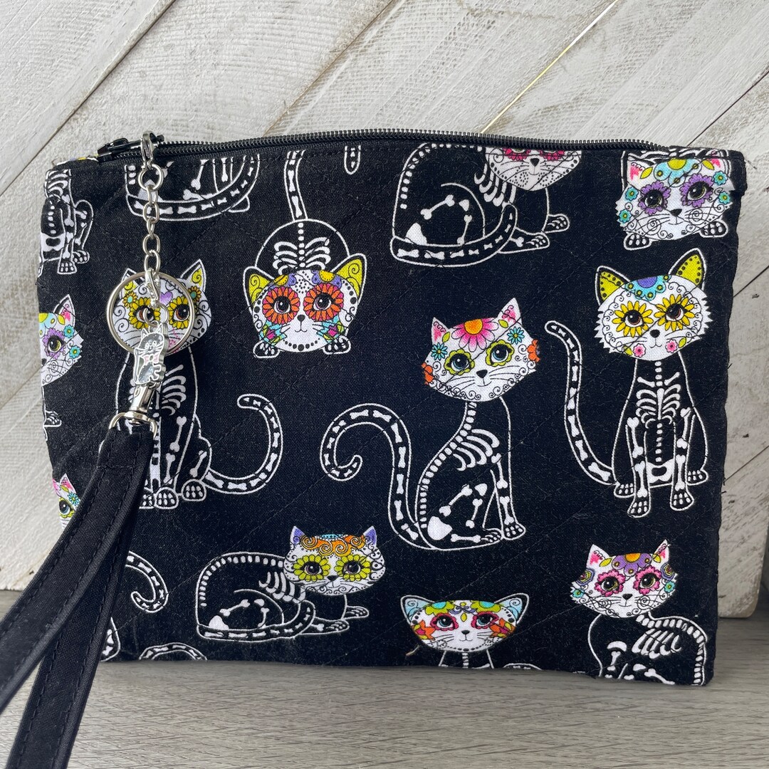 Halloween Cat Zipper Bag, Skull Cats Halloween Wristlet Pouch, Black ...