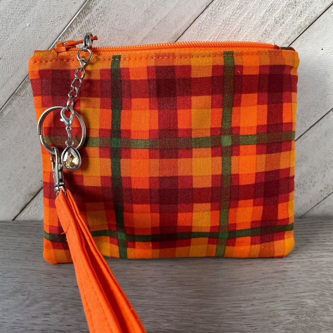 Orange Plaid Change Purse, Fall Themed Bag, Small Zipper Pouch, Gift ...