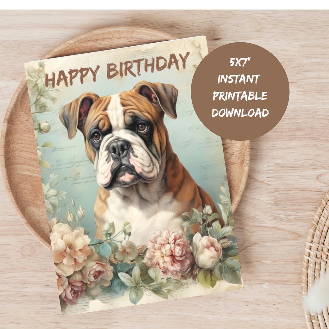 Bulldog Printable Birthday Card for Dog Mom, Shabby Chic Greeting Card ...
