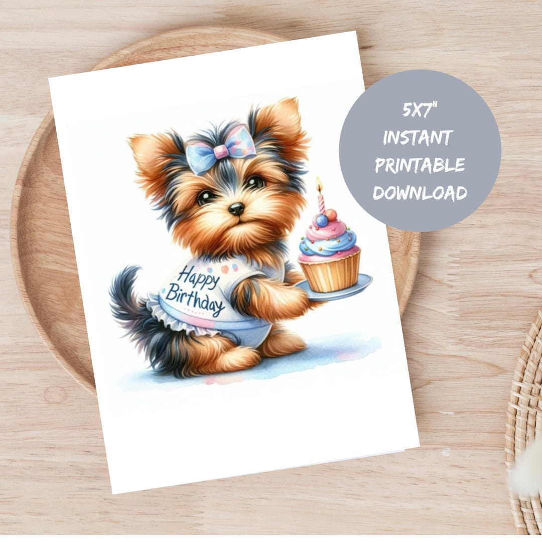 Yorkie Happy Birthday Card for Child, Printable Yorkshire Terrier Card ...