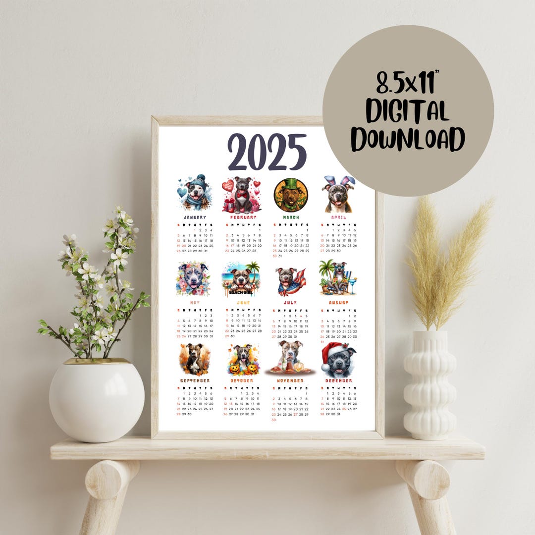 2025 Printable Pitbull Full Year Calendar for Dog Lover Desk Calendar ...