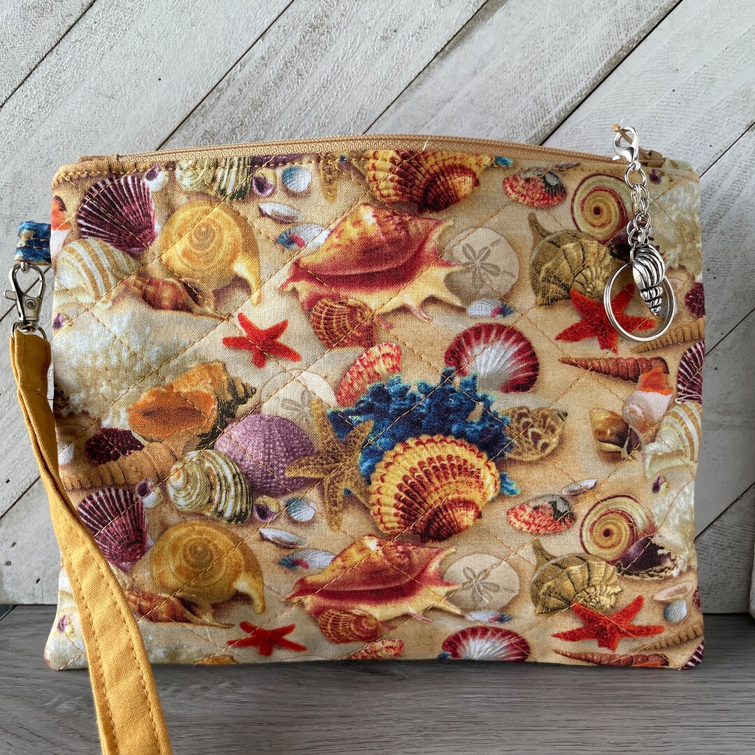 Beach Theme Pouch, Sea Shell Purse, Tropical Wristlet Bag, Zipper Pouch ...