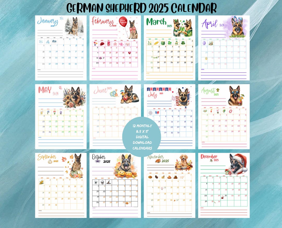 German Shepherd Printable 2025 Calendar 12 Month Calendar German ...