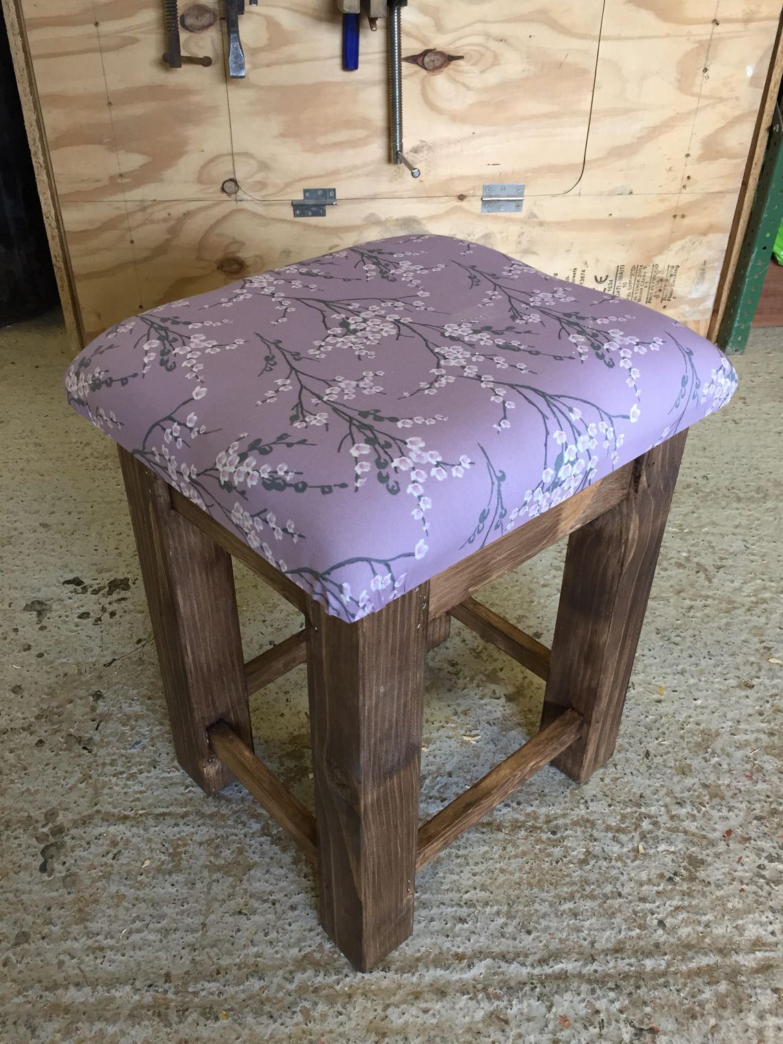 Pine stool with upholstered seat. Handmade pine stool. | Etsy