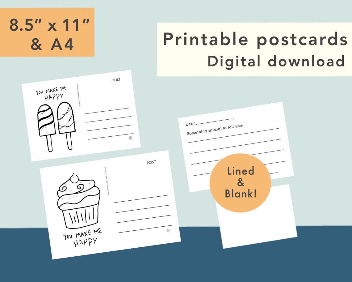 Printable Postcards - DIGITAL DOWNLOAD 2 Designs, Lined & Blank ...