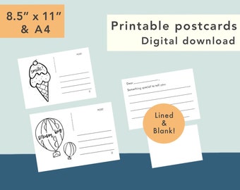 Printable Postcards DIGITAL DOWNLOAD 2 Designs Lined & - Etsy