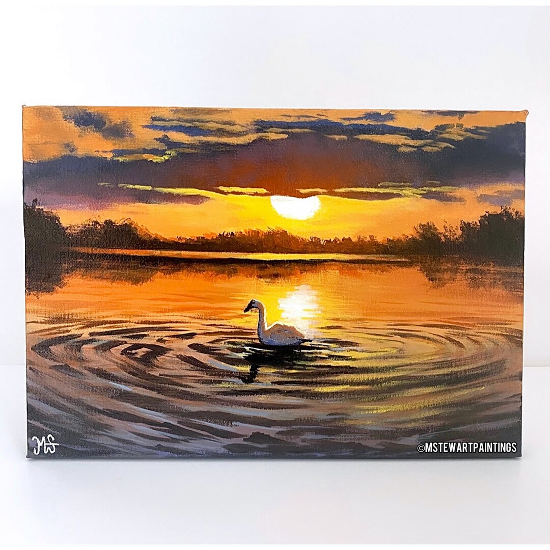 Original Swan Acrylic Painting: Sunset Landscape Art (A4 Size) - Etsy