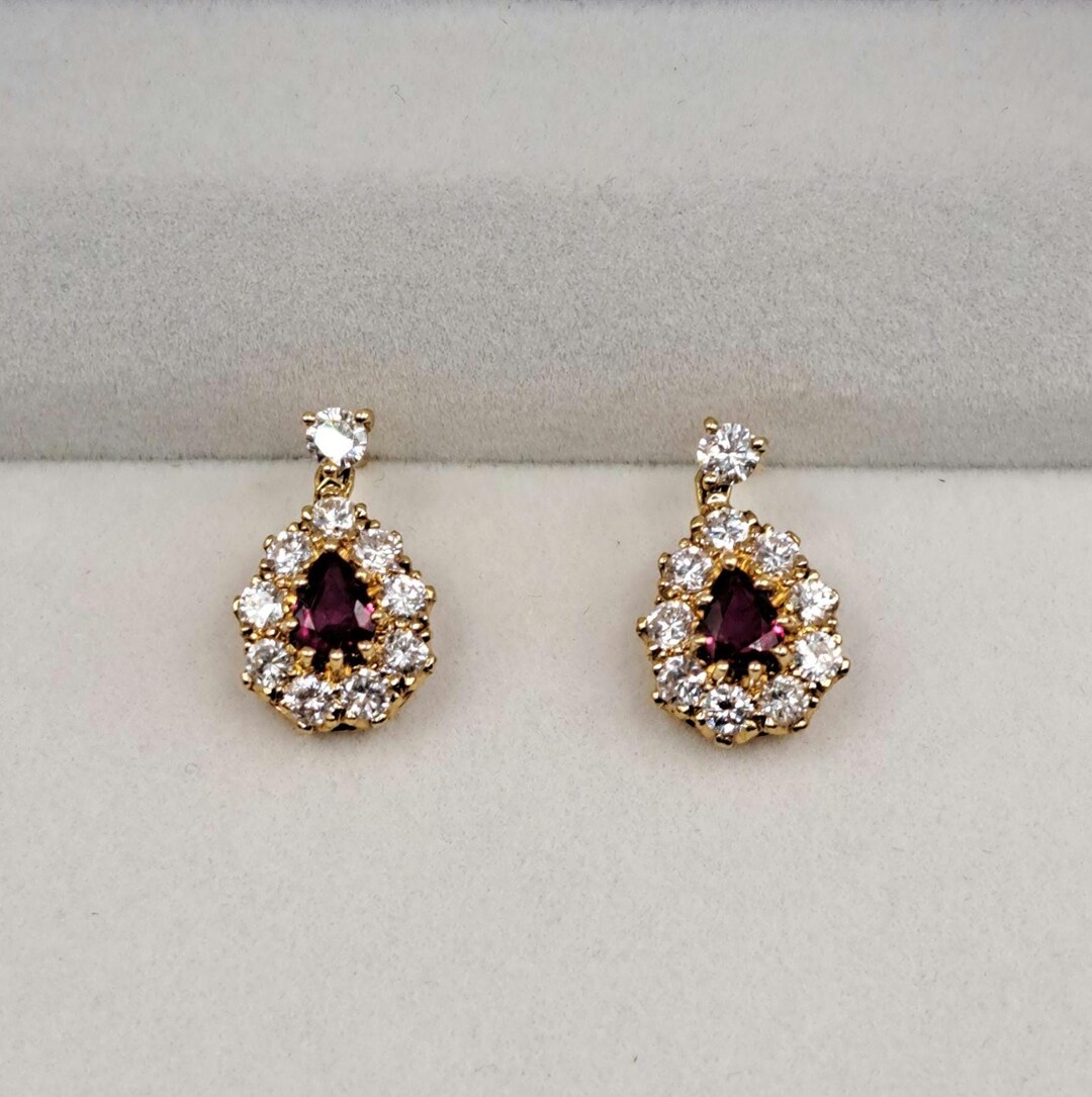 Vintage Hallmarked 18ct Gold Ruby and Diamond Cluster Drop Earrings - Etsy